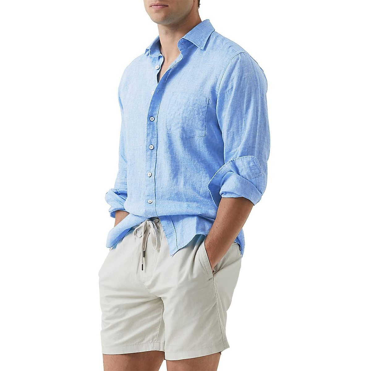 JMIERR Men's Cotton Linen Casual Stylish Button Down Shirt Long Sleeve Business Dress Shirts Fashion Summer Beach Shirts for Men Old Money Resort Wear with Pocket, US 43(L), Sky Blue