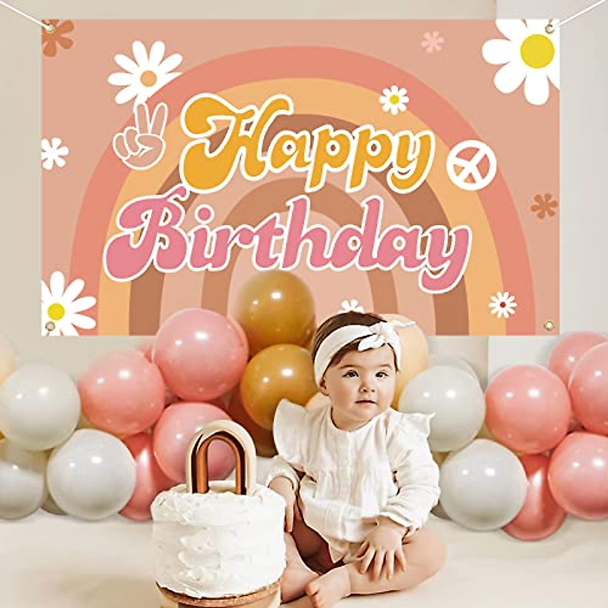 DARUNAXY Happy Birthday Boho Rainbow Banner, Groovy Birthday Party Decoration Happy Birthday Party Supplies, Boho Rainbow Birthday Backdrop for Baby Girls Rainbow Decorations Photography Background