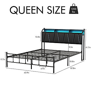 Halitaa Black Queen Bed Frame with Led Lights and Charing Station,Upholstered Headboard with Storage Shelves,Farmhouse Platform Bed,No Box Spring Needed