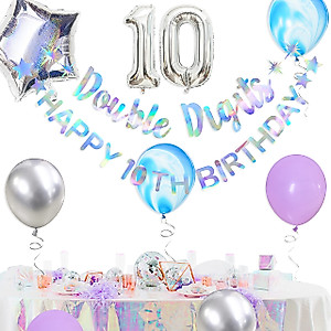 Iridescent Double Digits Happy 10th Birthday Banner Garland Foil Balloon 10 for Girls Boys 10th Birthday Decorations Hanging 10 and Fabulous Cheers to 10 Years Old Ten Birthday Party Supplies Backdrop