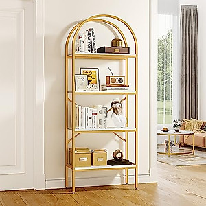 YITAHOME Gold Bookshelf and Bookcase, 71.3” Tall Modern Open Arched Book Shelf, 4-Tier Freestanding Storage Display Rack Shelves for Bedroom,Living Room,Office,Kitchen, White&Gold