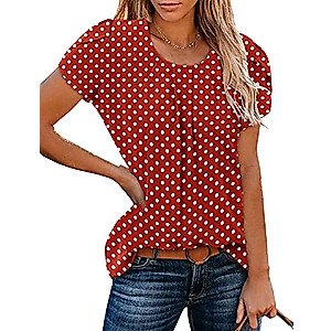 Women's Casual Round Neck Basic Pleated Business Tops Cap Sleeve Curved Keyhole Back Chiffon Blouse Red Polka Dots Small