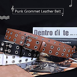 XZQTIVE Double Grommet PU Leather Belt for Women/Men Punk metal Jean Belt Wide 1.5 Inch, Black, Fit Pants 35-40 inch