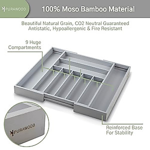 Purawood - Large Premium Bamboo Silverware Organizer - Expandable Kitchen Drawer & Utensil Organizer, 17.5" x 19.75" Cutlery Tray with Drawer Dividers for Kitchen Flatware (7-9 Slots) (Grey)