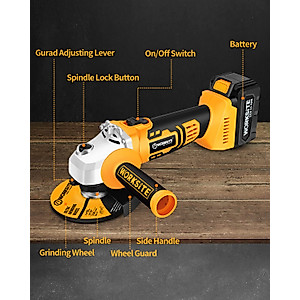 WORKSITE Cordless Angle Grinder, 4-Pole Motor, 4-1/2 Inch Cordless Grinder w/4.0A Battery & Fast Charger, 3-Position Adjustable Auxiliary Handle, Cutting Wheels, Grinding Wheels and Flap Discs