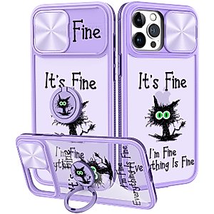 Plakill for iPhone 13 Pro Max Case Cute Stylish Designer Phone Cover with Slide Camera Cover + Ring Holder, Fine Cat Slim Protective Shockproof Hard Clear Cases for iPhone 13 Pro Max 6.7"