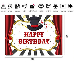 Lofaris 7x5ft Magic Show Happy Birthday Backdrop for Boy Girl Porker Magician Red Curtains Baby Shower Party Decor Supplies Background Magic Trick Black Hat Gold Stars Kids Adults Photo Studio Props