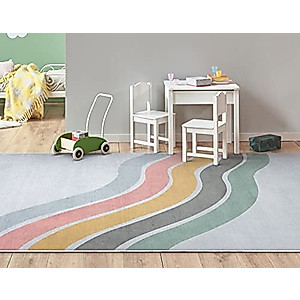 Well Woven Kids Modern Rugs Curved Rainbow 5' x 7' Multi Color Printed Machine Washable Area Rug