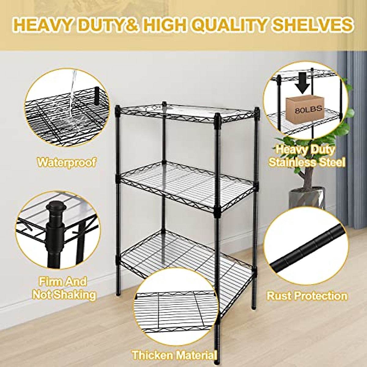 3-Tier Wire Shelving Unit and Storage, Adjustable Shelves for Storage Heavy Duty Metal Wire Rack Shelving for Garage Kitchen Pantry Closet Laundry Load 400LBS (23.5 x 13.5 x 35.5 inch)