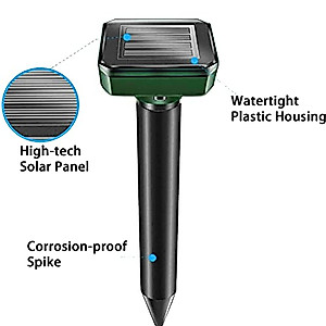 Solar Powered Mole Repellent Stakes - Safe and Quiet Ultrasonic Outdoor Pest Repellent Spike for Gopher, Vole, Groundhog and Shrews - Waterproof Outdoor Pest Deterrent for Lawn and Garden - 4 Pack
