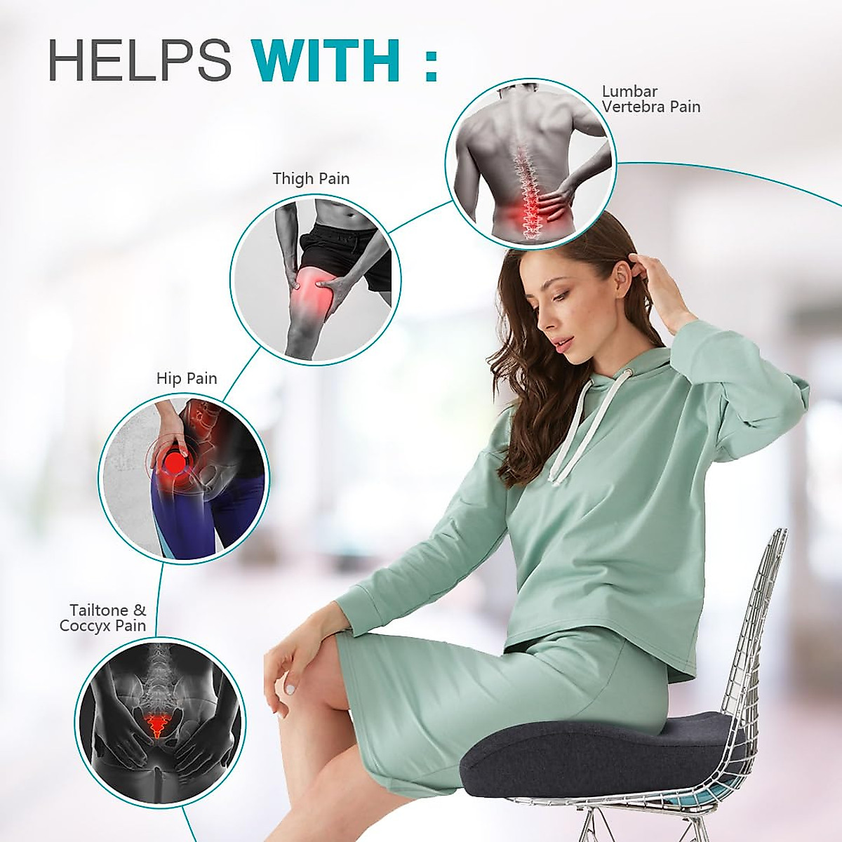 WISHSMILE Memory Foam Seat Cushions for Desk Chair, Car Driver with Better Coccyx Pressure Back Pain Relief and Body Weight Dispersing Effects, Seat Pad for Kitchen, Stadium and Classroom