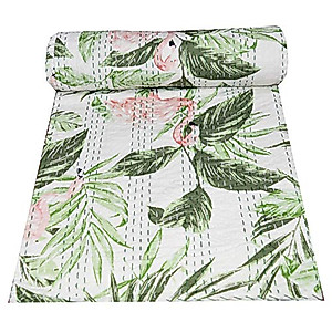 SHIRANYA Cotton Kantha Quilt Bedspread Queen Indian Handmade Flamingo and Leaf Print Throw Blanket Reversible Traditional Patchwork Stitched Bedding Comforter Decorative (90x108 Inch/220x274 cm)