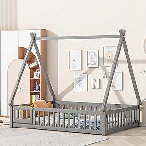 Bellemave Full Size Tent Floor Bed for Kids,Montessori Floor Bed with Door and Guardrails,Wood Floor Bed with Slats,Teepee Bed for Girls Boys(Full,Grey)