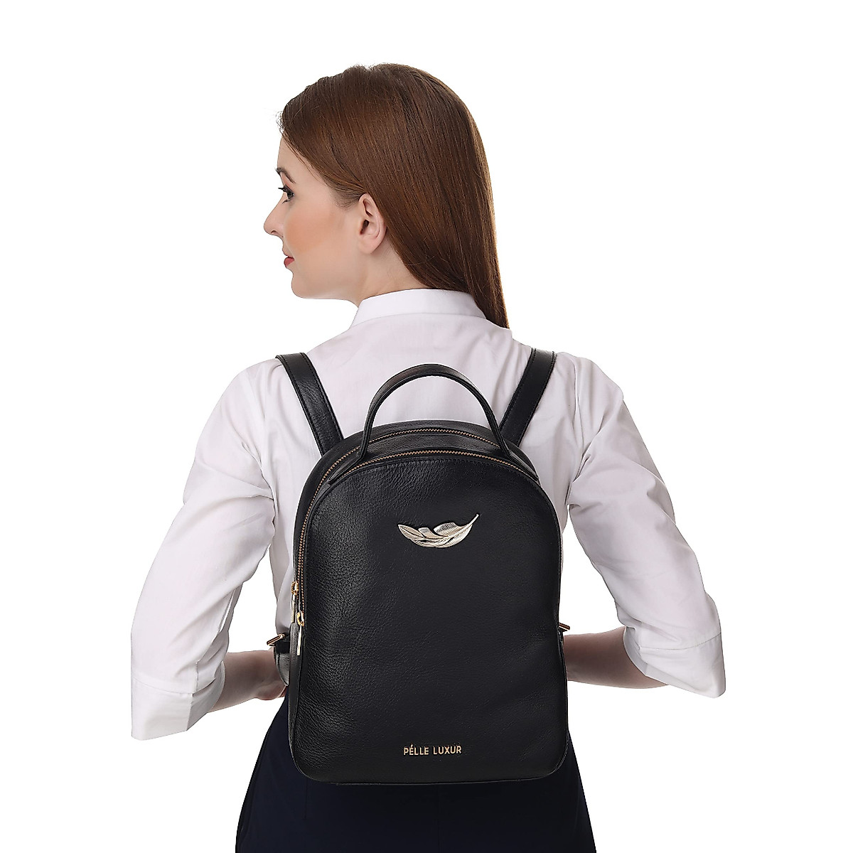 Pelle Luxur Women Genuine Leather Business Work Laptop Backpack- Purse For College Travel Large Capacity (Black)