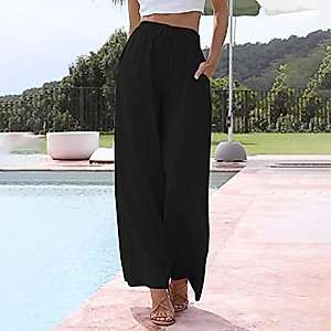 IAMAGOODLADY Palazzo Pants Women's 9-Pant Loose High Waist Cotton Linen Women's High Waisted Pants Linen Pants Women Summer Waisted Elastic Waistband Palazzo