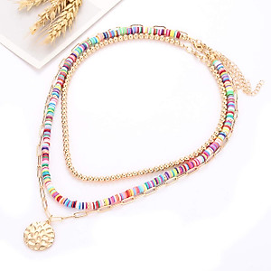 XOCARTIGE Clay Bead Necklace, Colorful Surfer Heishi Beaded Choker Necklace for Women, Stackable Ball Necklace Layered Paperclip Link Chain Necklaces Summer Beach Jewelry Set (Multicolor)