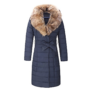 Bellivera Women's Winter Puffer Jacket Cold resistant patchwork plush lining Coat with Removable Fur Collar Hooded and Belted 5528BLUEL