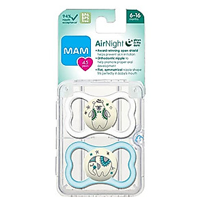 MAM Air Night Pacifiers , MAM Sensitive Skin Pacifier 6+ Months, Glow in the Dark Pacifier, Best Pacifier for Breastfed Babies, Unisex Baby Pacifiers, 2 Count (Pack of 1), Designs May Vary
