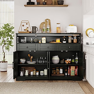 Befrases 52" L Modern Farmhouse Sideboard Buffet Cabinet, Black Storage Cabinet with Drawers & Shelves, Kitchen Pantry Hutch Cabinet, Coffee Bar Station Table for Living Room, Dining Room, Entryway