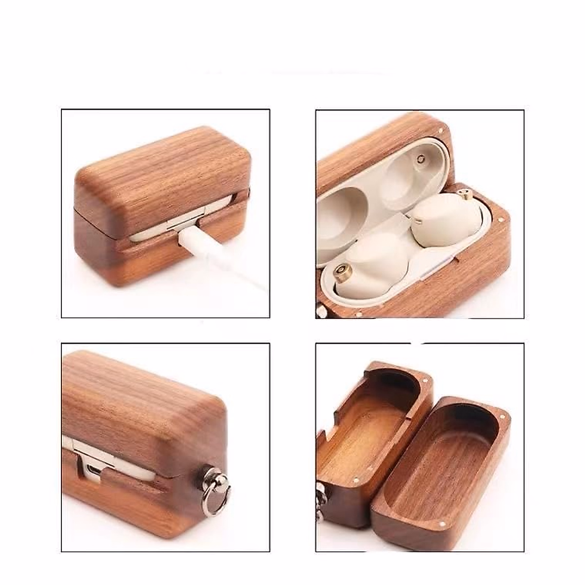 Handmade Nature Wooden Genuine Real Wood Protective Case Cover with Carabiner Compatible with Sony WF-1000XM4(Walnut)