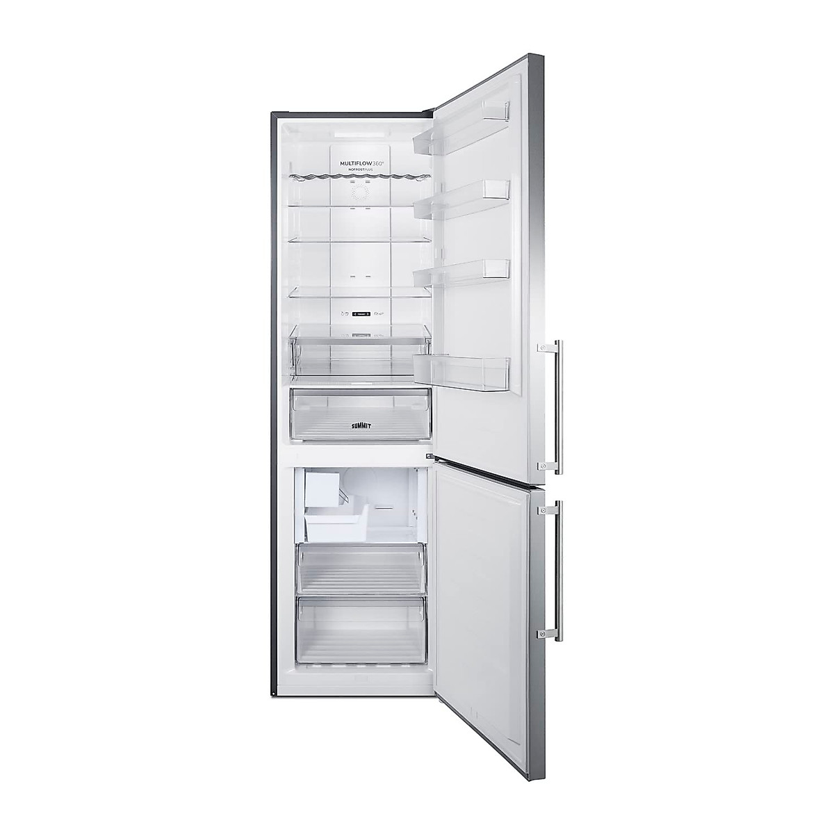 Summit Appliance FFBF181ES2IM 24" Wide Bottom Freezer Refrigerator With Icemaker, 11.7 cu.ft Capacity, Open Door Alarm, Stainless Steel Doors, LED Visual Alarms, No-frost Operation, Multi-Flow Fan