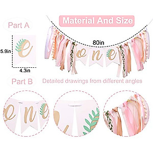 WAHAWU Baby Girl Banner for 1st Birthday - Green Leaf Pink Gold Tan , Rustic High Chair Banner , Boho High Chair Bunting , Photo Decoration Props , Birthday Party Gifts for Girls (Green Leaf pink banner)
