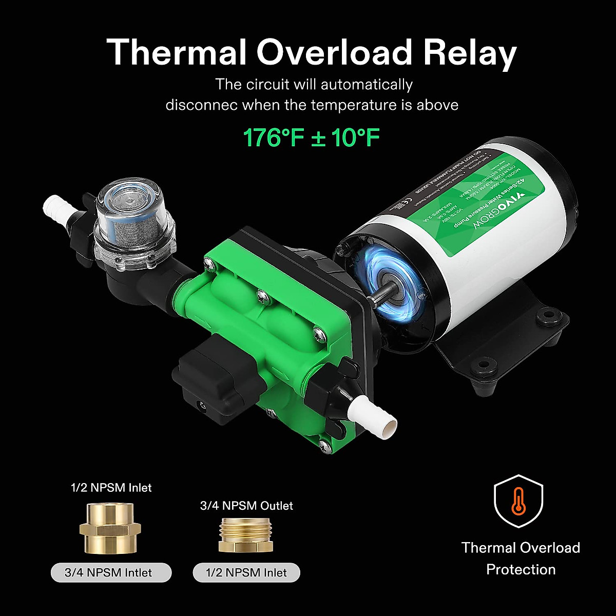 VIVOGROW Water Pressure Pump, 110V 5.5GPM 70 PSI Diaphragm Water Pump Include 1/2" and 3/4" Garden Hose Adapters, Power Plug for Bathrooms, Kitchens, RVs, and Yachts, Green