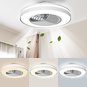 Ceiling Fan with Lights Remote Control,Dimmable Fan Lighting, 20'' Enclosed Bladeless Fan, Semi Flush Mount,2.4GHz Wi-Fi Bluetooth & App Controlled Works with Alexa and Google Assistant (Matte White)