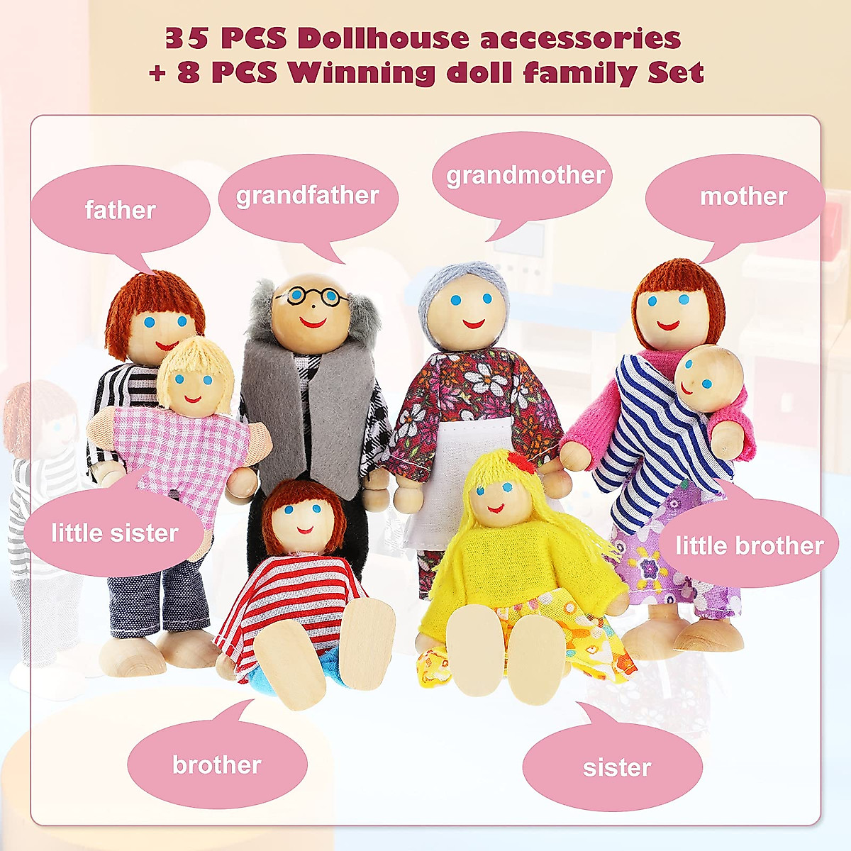Sumind 35 Pcs Wooden Doll House Furniture and Accessories Set with 27 Pcs Dollhouse Furniture 8 Pcs Doll House Dolls Family Doll Furniture Small Dolls for Dollhouse Family Set Dollhouse Accessories