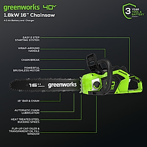 Greenworks 40V 16" Brushless Cordless Chainsaw (Gen 2) (Great For Tree Felling, Limbing, Pruning, and Firewood / 75+ Compatible Tools), 4.0Ah Battery and Charger Included