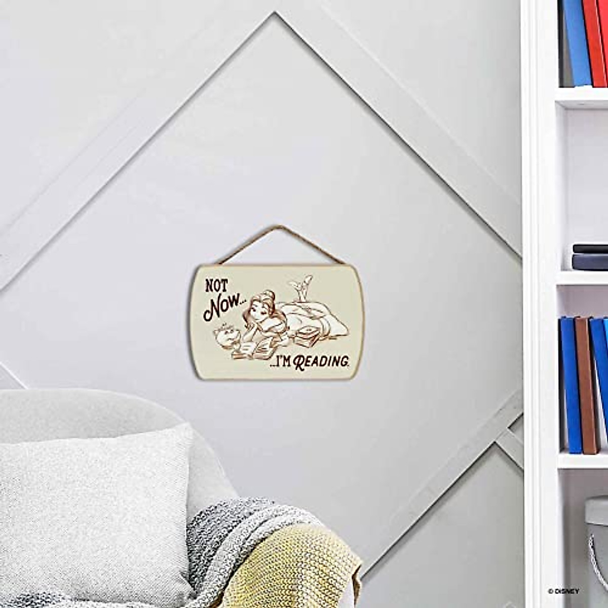 Disney Beauty and the Beast Belle Hanging Wood Wall Decor - Not Now I'm Reading - Cute Belle Sign for Kids' Bedroom or Play Room
