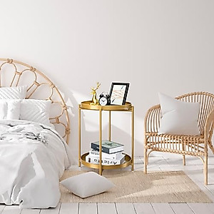 danpinera 2-Tier End Table, Outdoor Side Table Metal Round Side Table with Removable Tray, Small Folding Accent Table, Anti-Rust Nightstand for Bedroom Balcony Patio Living Room (Gold)
