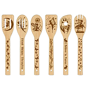 GLOBLELAND 6Pcs Elves Bamboo Cooking Utensils Wooden Engraved Cooking Spoons Set Carving Kitchen Bamboo Spatula Set Wood Cooking Spoon for Kitchen House Warming Gift