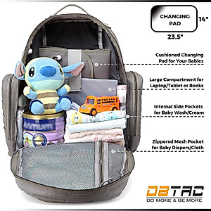 Diaper Bag Backpack for Dad, DBTAC Large Baby Nappy Bag for Men w/Changing Mat, Insulated+Wipe Pockets, Stroller Straps, Grey