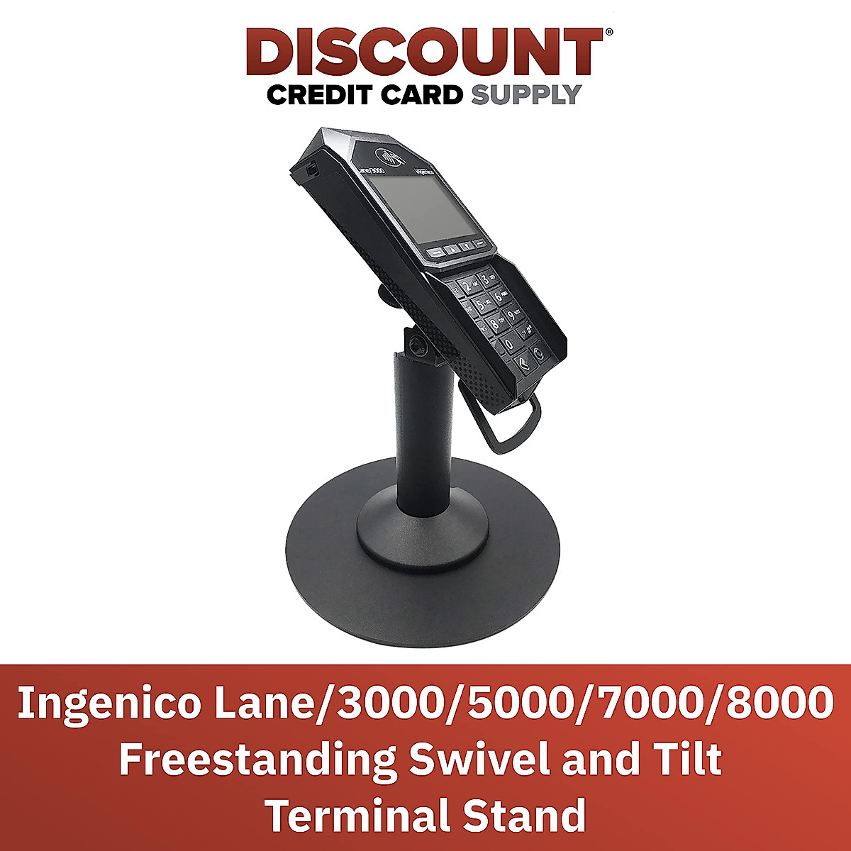 Discount Credit Card Supply DCCStands Ingenico Lane/3000/5000/7000/8000 7" Freestanding Swivel and Tilt Terminal Stand with Round Plate, Black