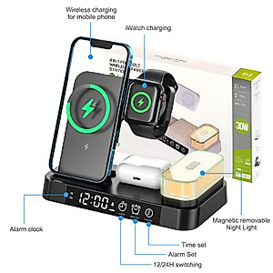 Wireless Charger Charging Station, Hdiwousp Foldable 5 in 1 30W Fast Wireless Charging Station with Alarm Clock and Night Light Matching with iPhone 15/14/13/12/11/XS AirPods and Apple Watch