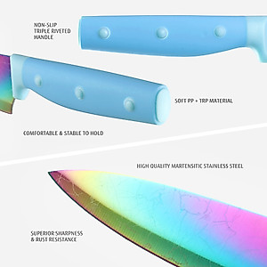 hecef 14 Pieces Knife Set with Block, Rainbow Titanium Knives Set with Laser Pattern, Martensitic Stainless Steel Chef Knife Set with Sharpener, Steak Knife, Scissors, Mothers Day Gift(Blue)
