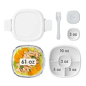 Bentgo® Glass All-in-One Salad Container - Large 61-oz Salad Bowl, 4-Compartment Bento-Style Tray for Toppings, 3-oz Sauce Container for Dressings, and Built-In Reusable Fork (White)