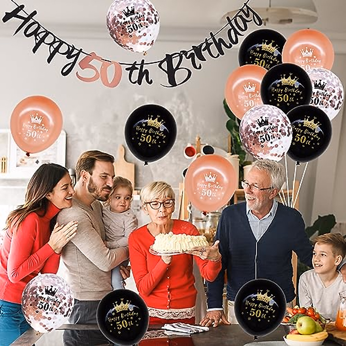 Happy 50th Birthday Banner Black Rosegold, 16 PCS 50th Birthday Decorations Kit with Happy 50th Birthday Banner Bunting 12 Inch Latex Confetti Balloons for Women 50th Birthday Party Decorations