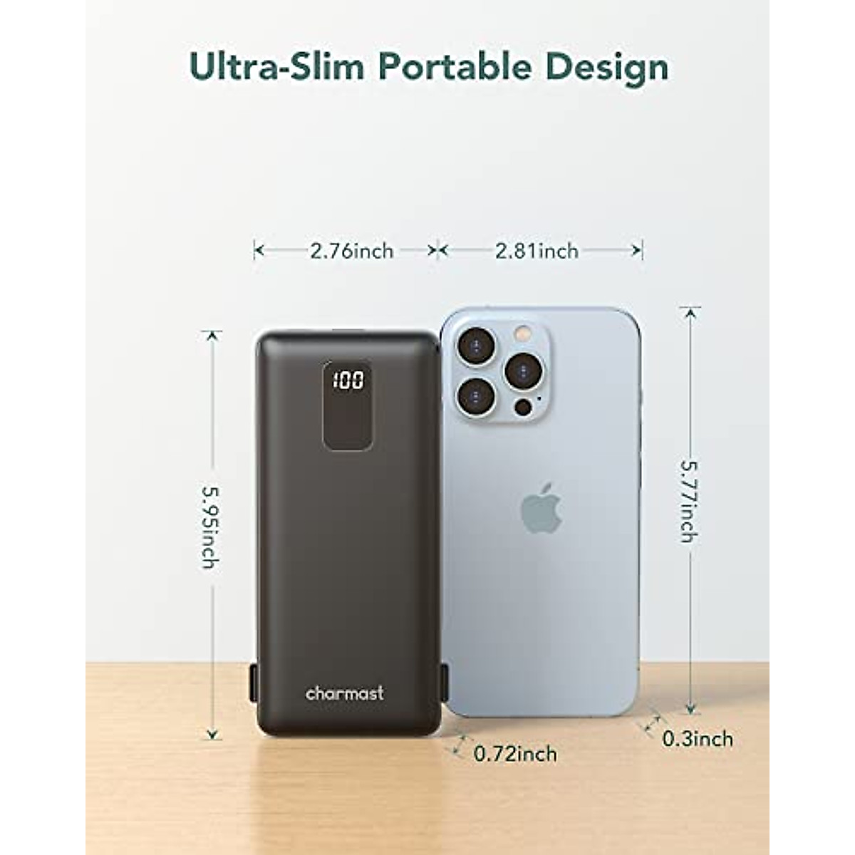 Charmast Portable Charger with Built-in Cables, 10000mah Power Bank, 5 Output Ultra Slim LED Display, Built-in AC Plug, USB C & Micro, Three Cables Integrated Battery Pack for iPhone Samsung iPad