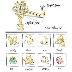 Fxiqini 12Pcs Nose Stud Rings L Shaped Cubic Zirconia Stainless Steel Nose Studs Moon Butterfly Snake Flower Red Heart Star Dangle Nose Piercing Jewelry Nose Stud for Women Men 20G Silver Gold Tone