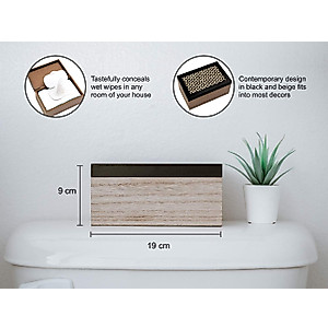 Bathroom Flushable Wipes Dispenser Decorative Wooden (MDF) Box Container to Conceal Diaper or Flushable Wipes 19cm x 12cm x 9cm Beige and Black