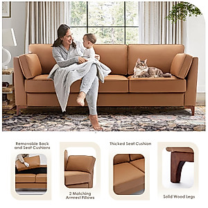 COLAMY 93" Mid-Century Modern Faux Leather Sofa，Oversized 3-Seater Couch with Comfy Cushions and Wood Legs for Living Room, Bedroom, Office, Apartment, Brown