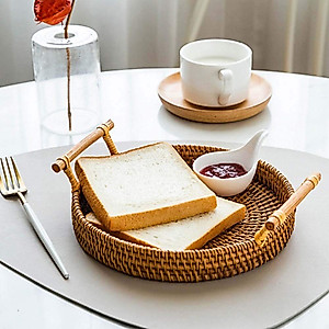 WOSHI 11.02in Rattan Storage Tray Round Basket Wicker Basket Storage Tray with Handle 3 Size Fruit Food Round Basket Display Hand-Woven Rattan Tray (L)