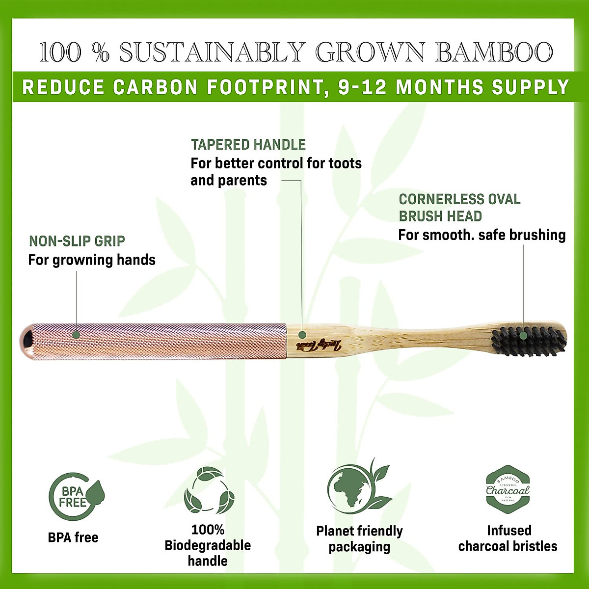 Replaceable Bamboo Toothbrush Aluminum Handle - BPA Free, Soft Bristles | Eco-Friendly, Biodegradable, Compostable, Vegan & Zero Waste | 3 Heads Total | 9-12 Months supply. (COPPER CHARCOAL BRISTLES)