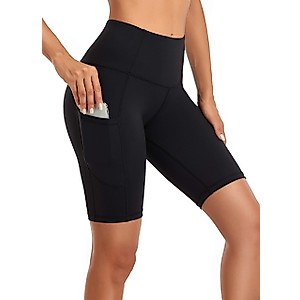 Oalka Women's Yoga Short Side Pockets High Waist Workout Running Shorts Black L