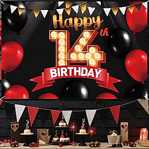 Happy 14th Birthday Black Banner Decorations Gold Backdrop Red and Black Balloons Theme Decor for Girls Women Princess 14 Years Old Birthday Party Supplies Photo Booth Props Background Favors Glitter