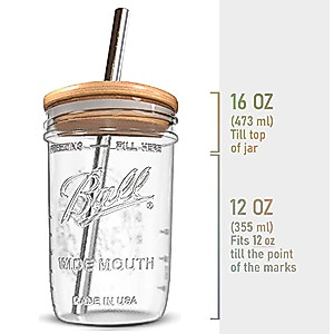 Reusable Boba Bubble Tea & Smoothie Cups - 2 Glass Wide Mouth 16oz Mason Jars with Bamboo Lids - 2 Reusable Silver Stainless Steel Boba Straws