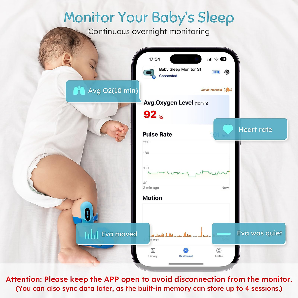 Babytone Baby Oxygen Monitor, Baby Sleep Monitor, Tracking Avg O2, Pulse Rate and Movement for Infant, Wearable Foot Monitor with Bluetooth and APP, for 0-36 Months Newborn's Sleep(New Version-Sock)