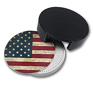 American Flag USA Flag Leather Drinks Coasters with Holder Set of 6, Suitable for Kinds of Cups